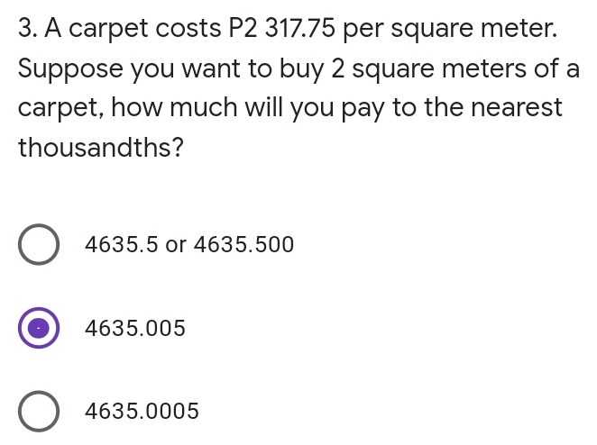 Solved: A carpet costs P2 317.75 per square meter. Suppose you want to ...