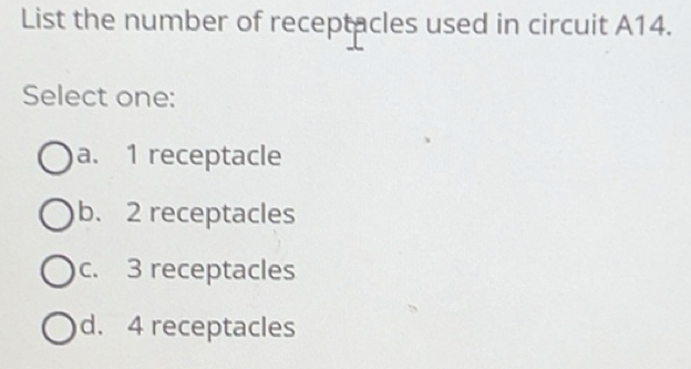 Solved: List the number of receptacles used in circuit A14. Select one ...