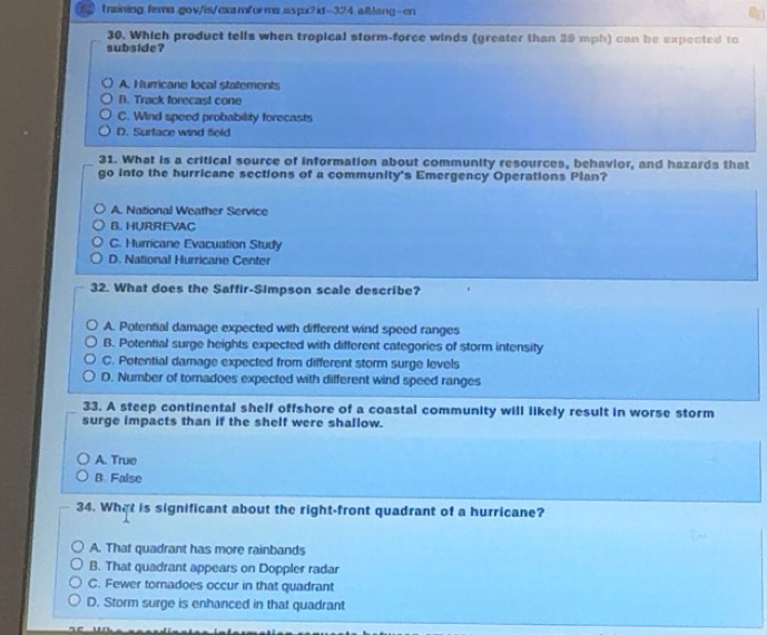 Solved: training, fema.gov/is/examforms.aspx? id--324 allang-en 6 30 ...