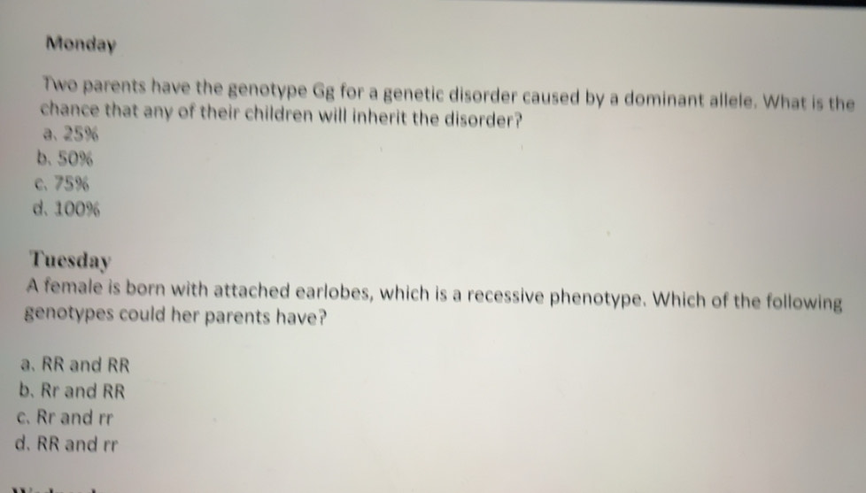 Solved: Monday Two parents have the genotype Gg for a genetic disorder ...