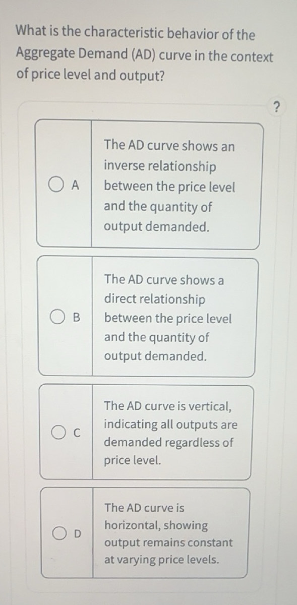 Solved: What is the characteristic behavior of the Aggregate Demand (AD ...