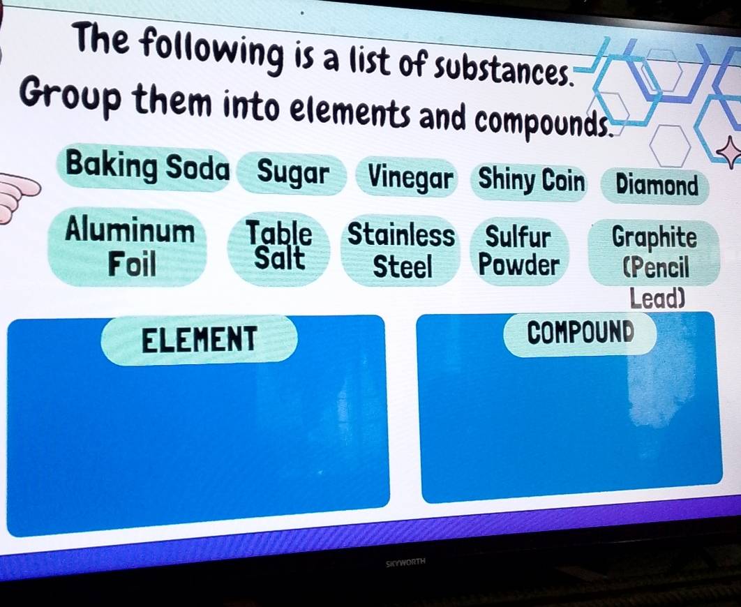 Solved: The following is a list of substances. Group them into elements and compounds. Baking ...