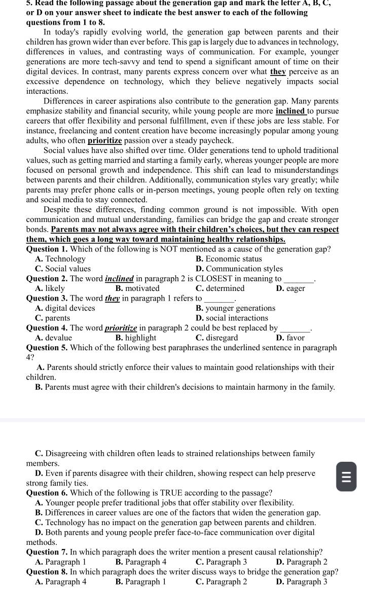 Giải quyết:Read the following passage about the generation gap and mark ...
