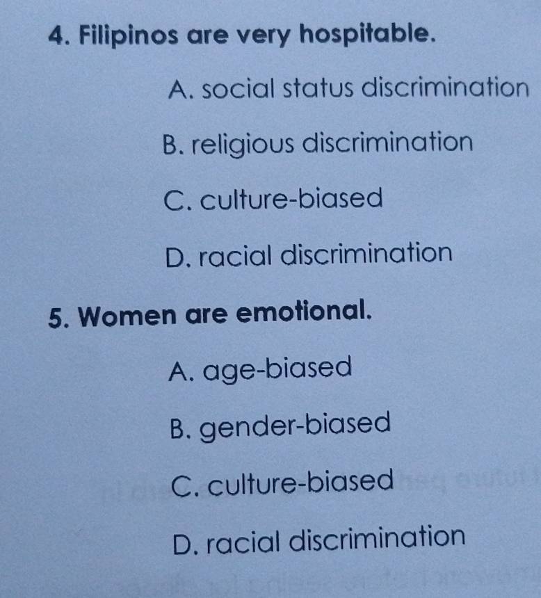 Solved: Filipinos are very hospitable. A. social status discrimination ...