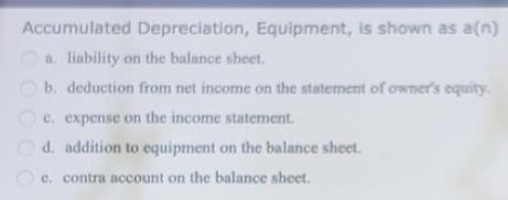 Solved: Accumulated Depreciation, Equipment, is shown as a(n) a ...