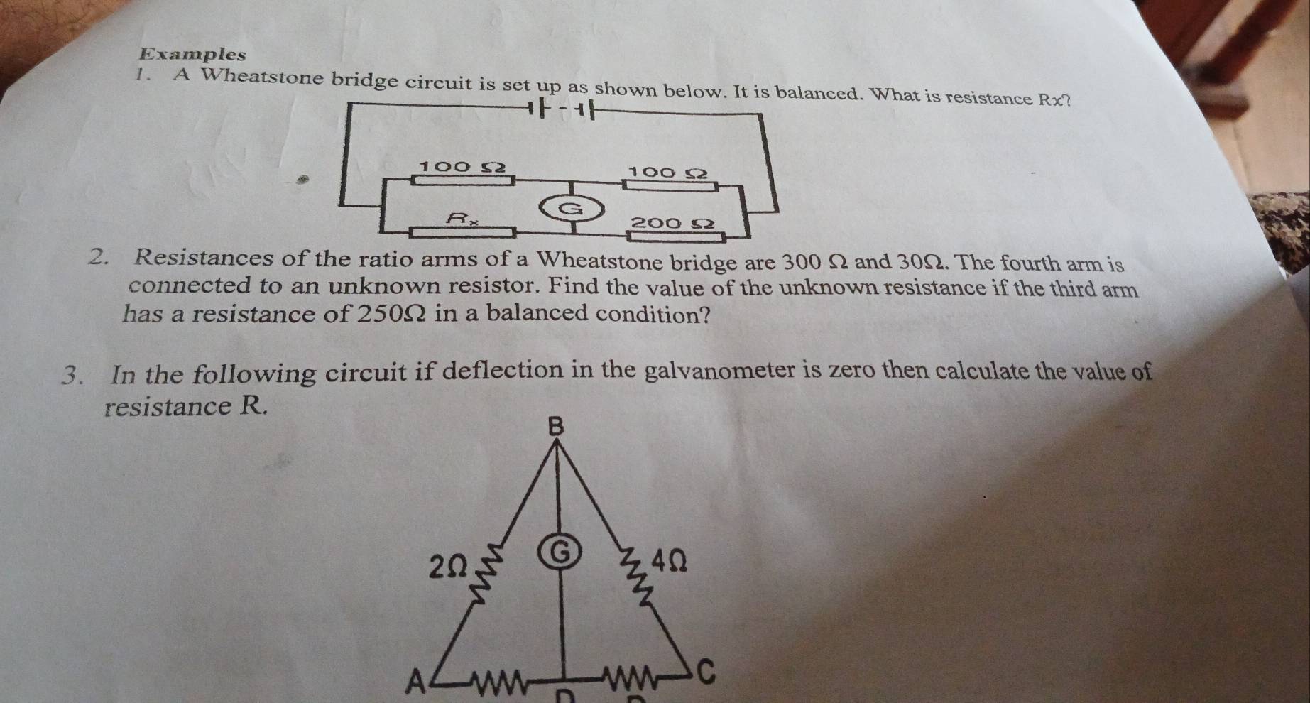 Solved: Examples 1. A Wheatstone bridge circuit is set up as shown below. It is balanced. What ...