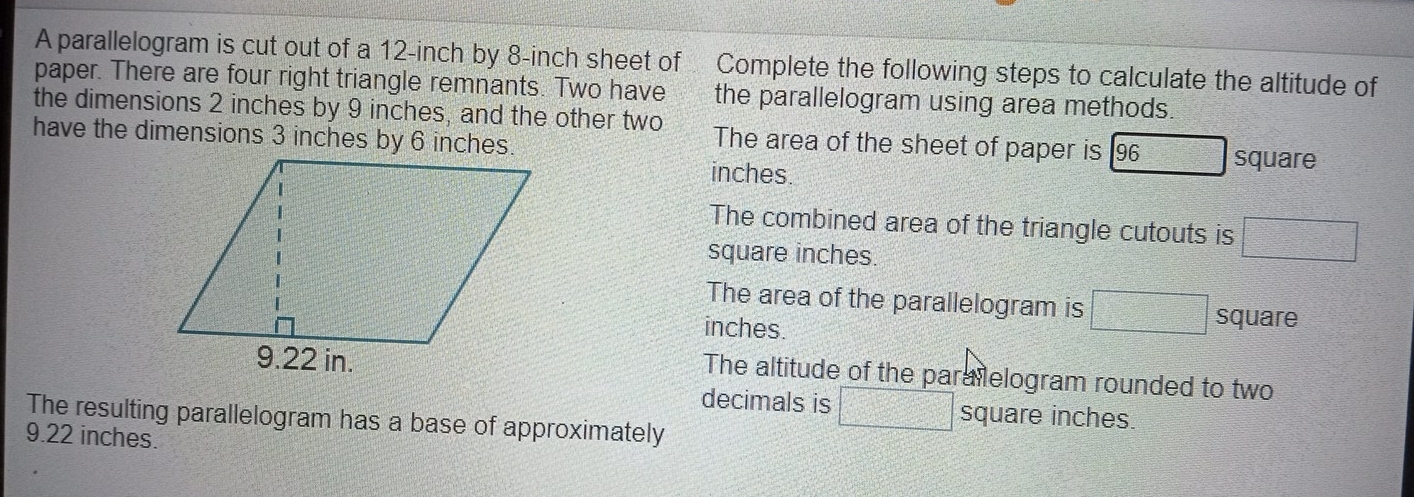 Solved: A parallelogram is cut out of a 12-inch by 8-inch sheet of ...