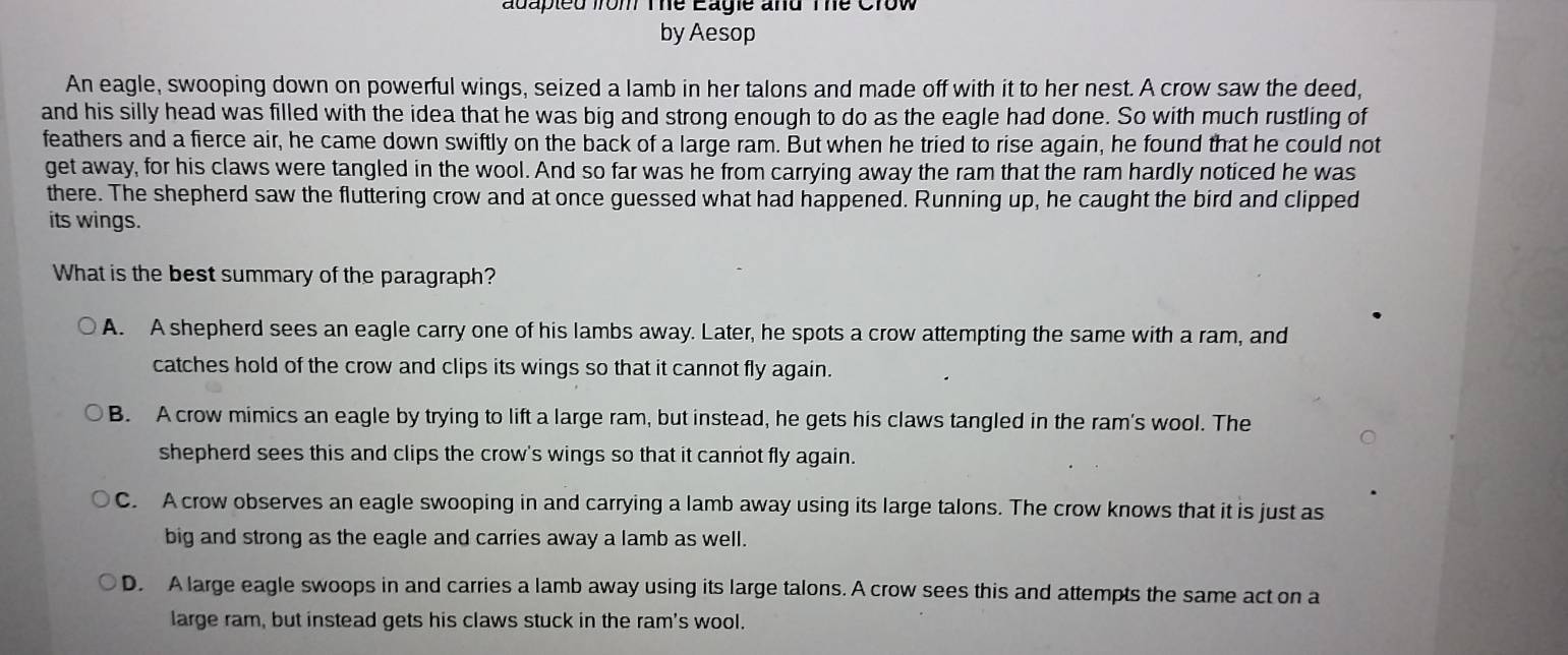 Solved: adapted from The Eagie and The Crow by Aesop An eagle, swooping ...