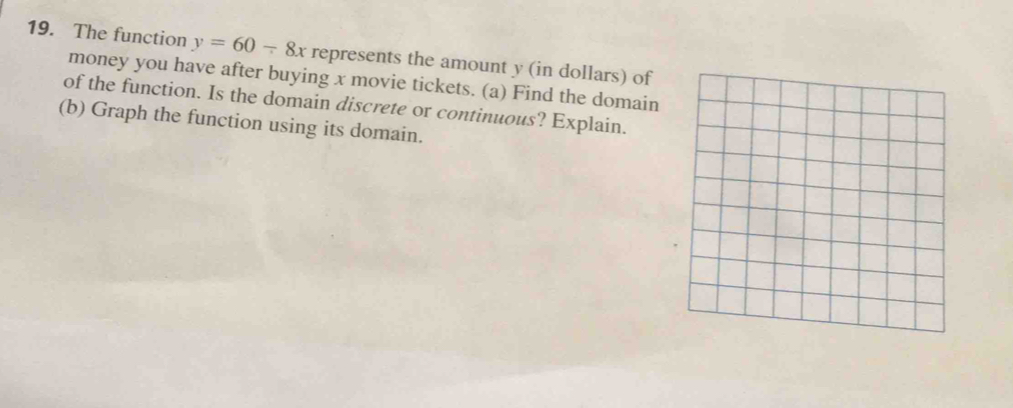 The function y=60-8x represents the amount y (in dollars) of money you ...