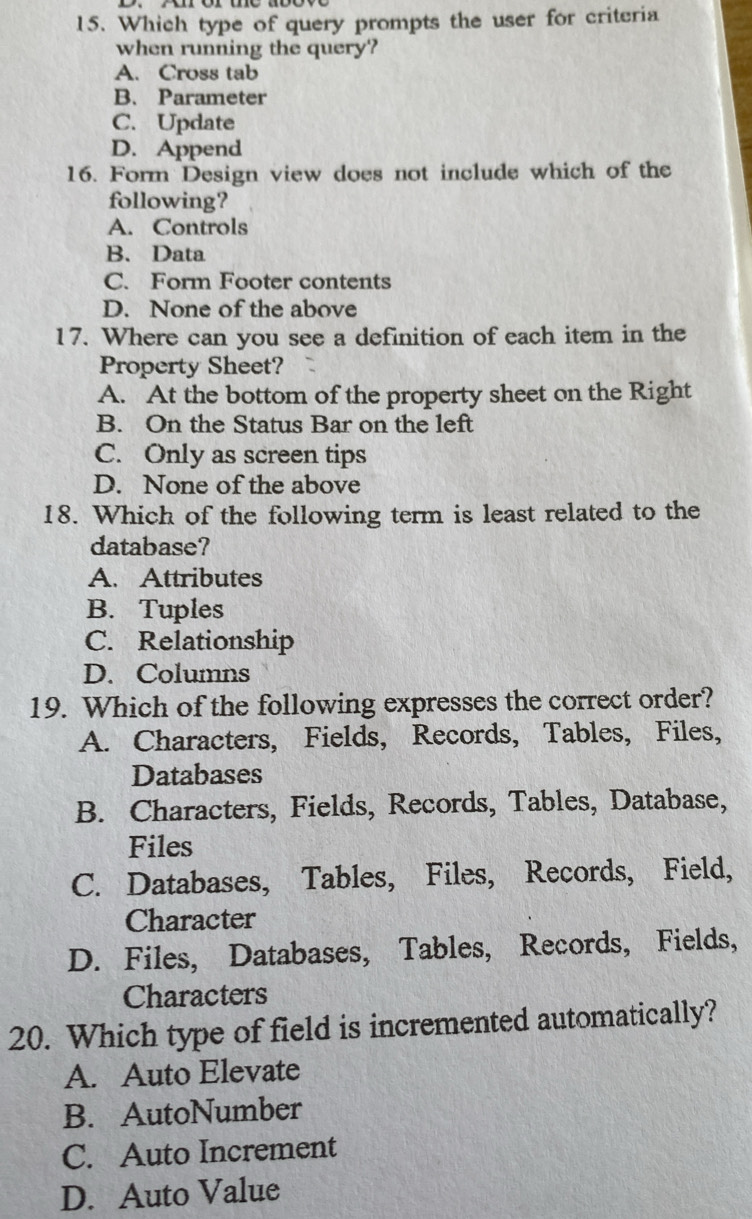 Solved: Which type of query prompts the user for criteria when running ...