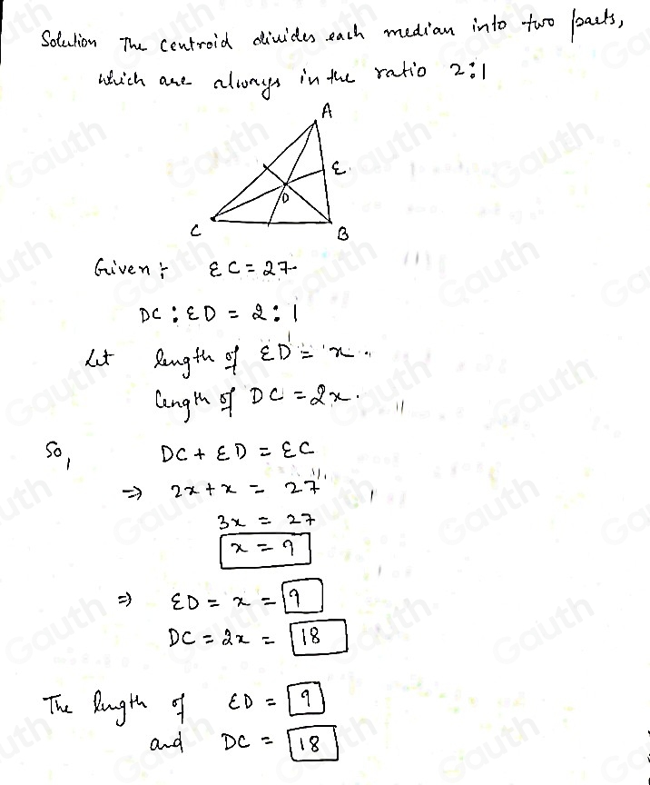 Solved: Point D is the centroid of ABC. Find ED and DC. EC=27 A E D C B ...