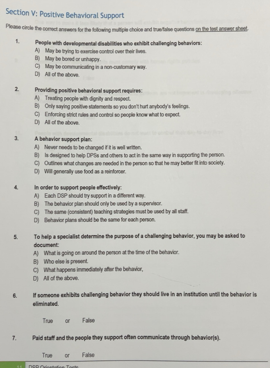 Solved: Positive Behavioral Support Please circle the correct answers ...