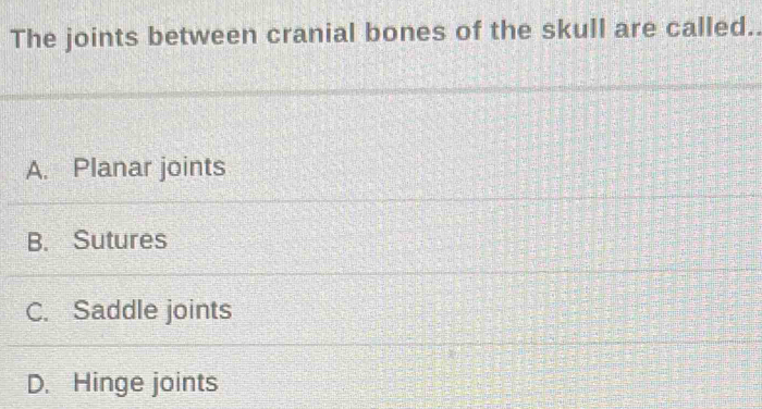 Solved: The joints between cranial bones of the skull are called.. A ...