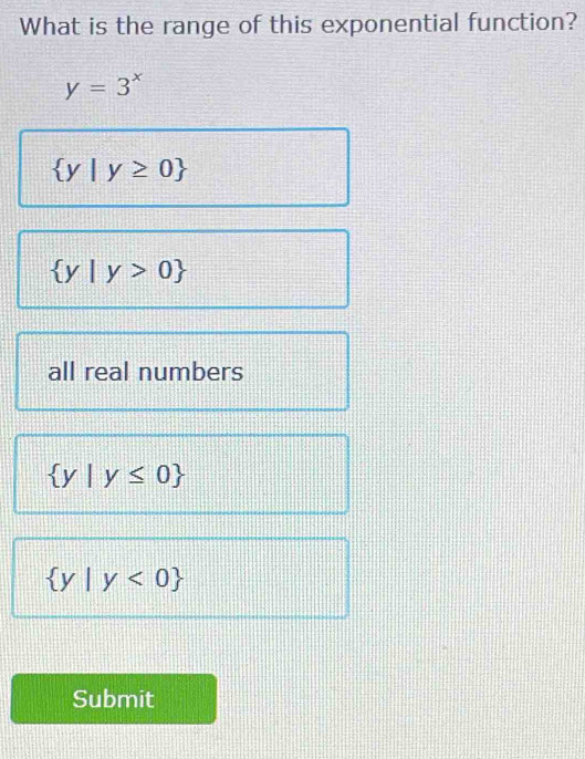 Solved: What is the range of this exponential function? y=3^x y|y≥ 0 y ...