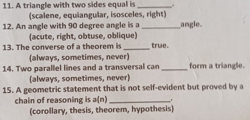 Solved: A triangle with two sides equal is _. (scalene, equiangular ...