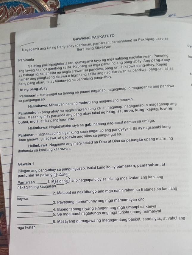 Solved: GAWAING PAGKATUTO Nagagamit ang Uri ng Pang-abay (panlunan ...