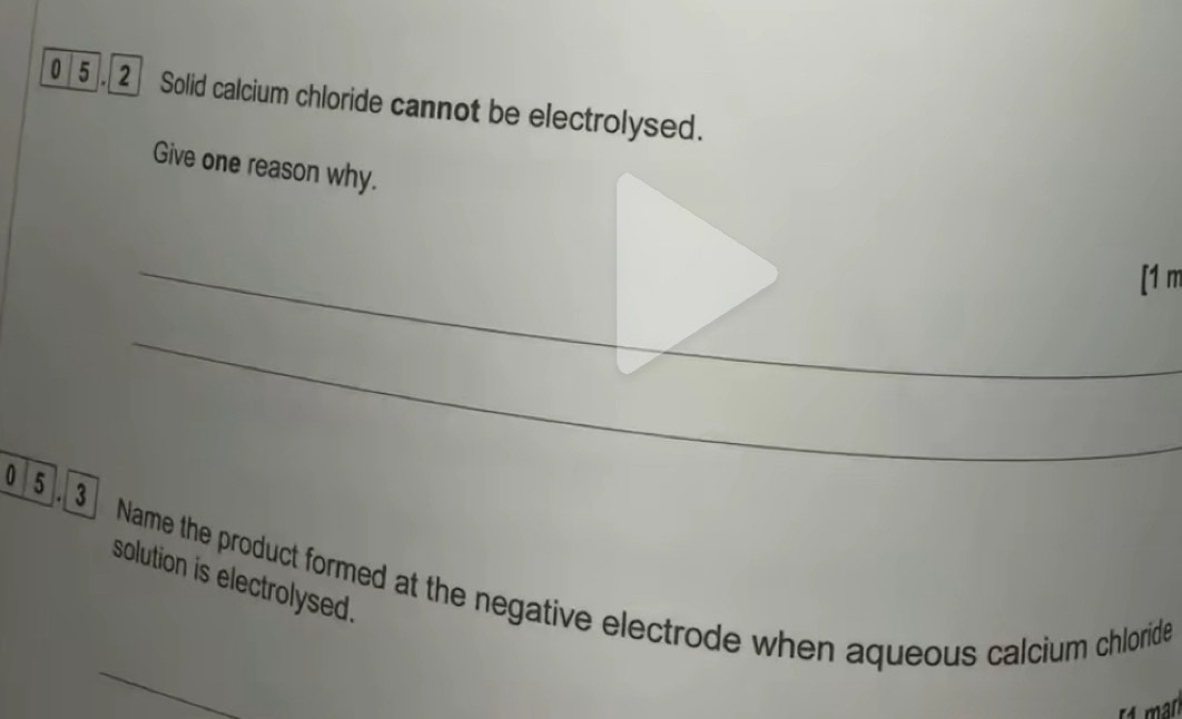 Solved: 0 5. 2] Solid calcium chloride cannot be electrolysed. Give one ...