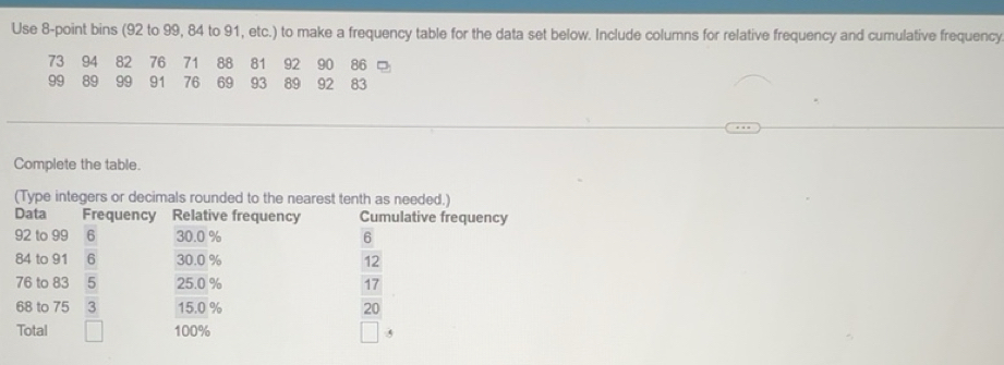 Solved: Use 8 -point bins (92 to 99, 84 to 91, etc.) to make a ...