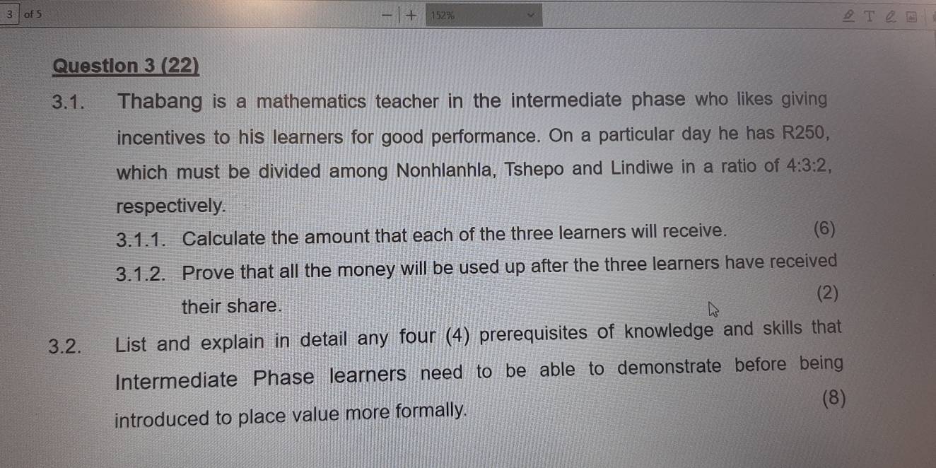 Solved: + 3 of 5 152% T Question 3 (22) 3.1. Thabang is a mathematics ...