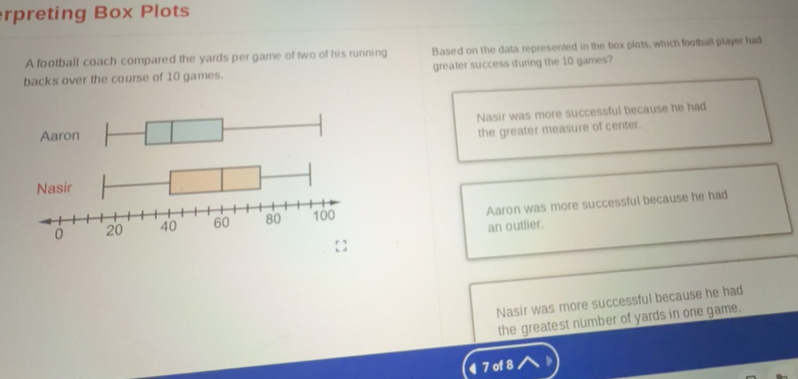 Gelöst:rpreting Box Plots A football coach compared the yards per game ...