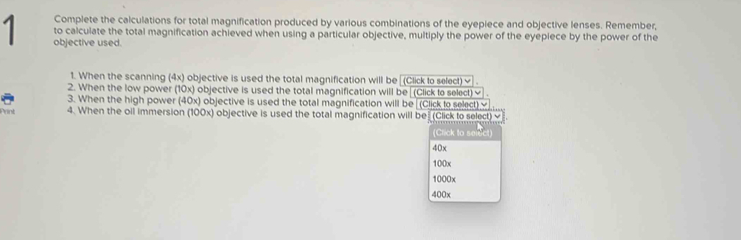Solved: Complete the calculations for total magnification produced by ...