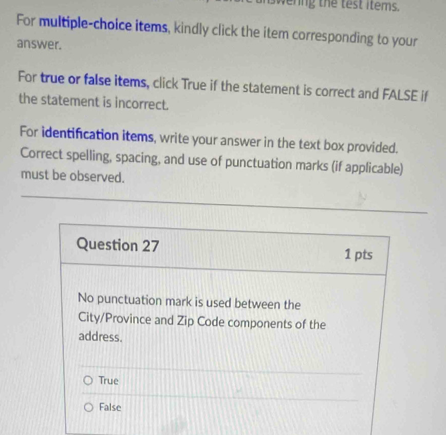 Solved: werng the test items. For multiple-choice items, kindly click ...