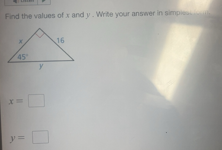Gelöst:Find the values of x and y . Write your answer in simplest form ...