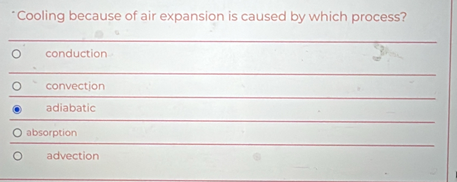 Solved: Cooling because of air expansion is caused by which process ...