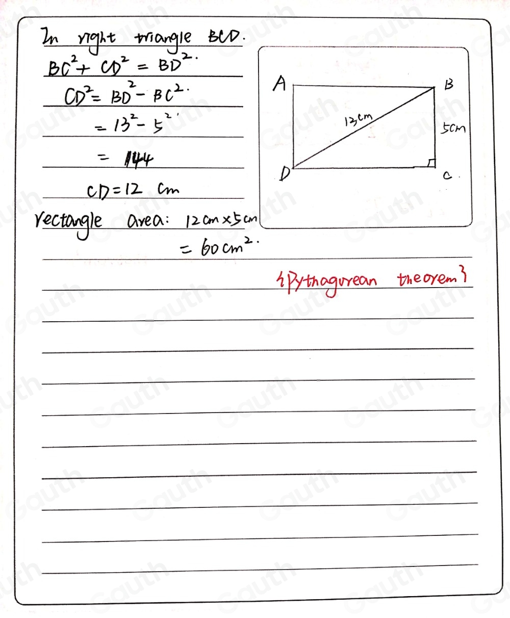 Solved: 19 20 The diagram shows rectangle ABCD. DB=13cm and BC=5cm. Calculate the area of the re ...