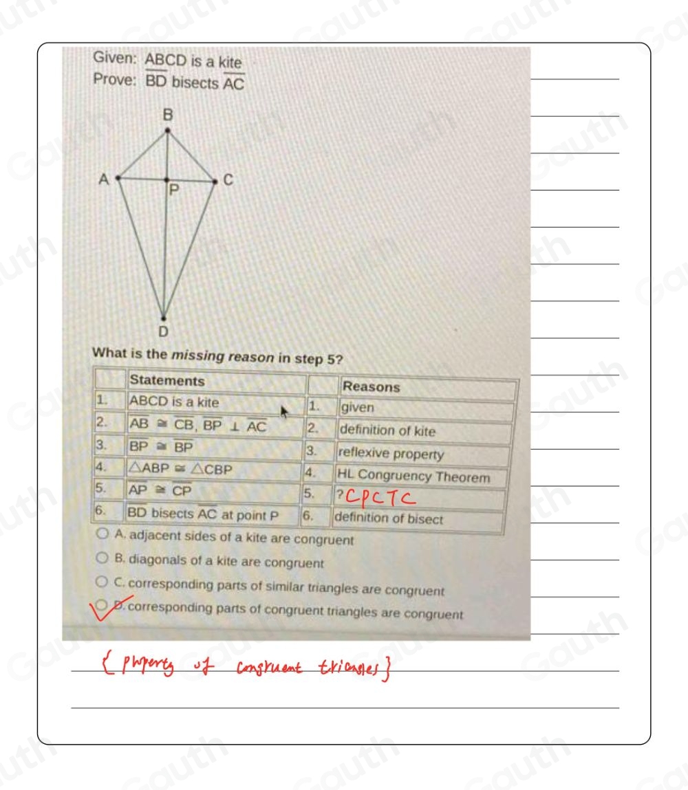 Solved: Given: ABCD is a kite Prove: overline BD bisects overline AC What is the missing reason ...