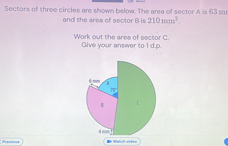 Solved: Sectors of three circles are shown below. The area of sector A ...