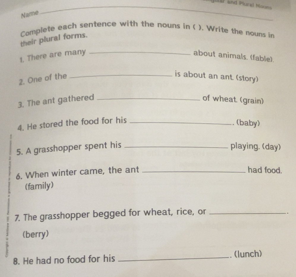 تم الحل:ua and Plural Nouns Name_ _ Complete each sentence with the ...