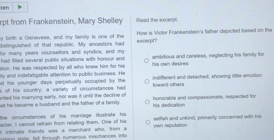 Solved: ten rpt from Frankenstein, Mary Shelley Read the excerpt. by ...