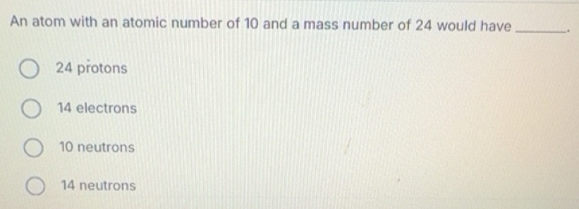Solved: An atom with an atomic number of 10 and a mass number of 24 ...