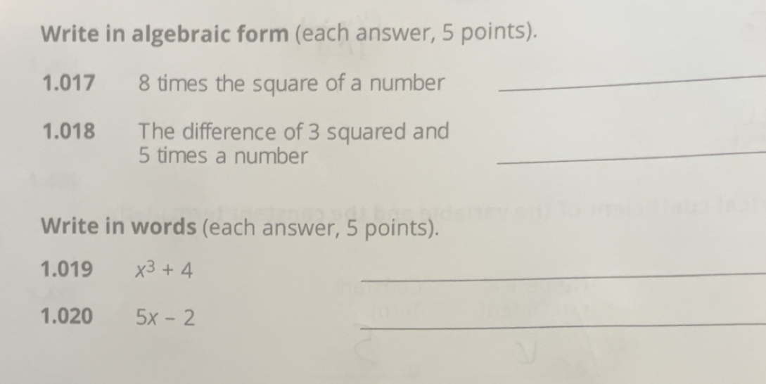 Solved: Write in algebraic form (each answer, 5 points). 1. 017 8 times ...