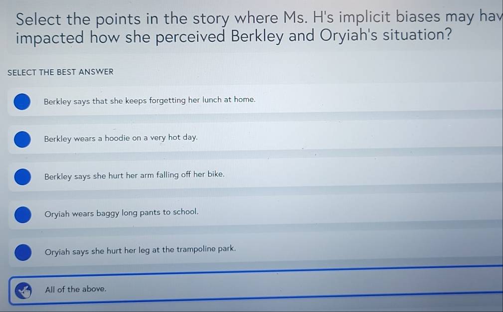 Solved: Select the points in the story where Ms. H's implicit biases ...