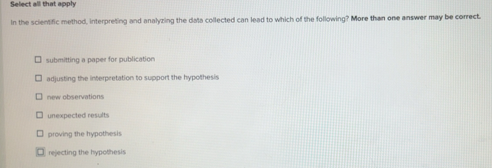 Solved: Select all that apply In the scientific method, interpreting ...