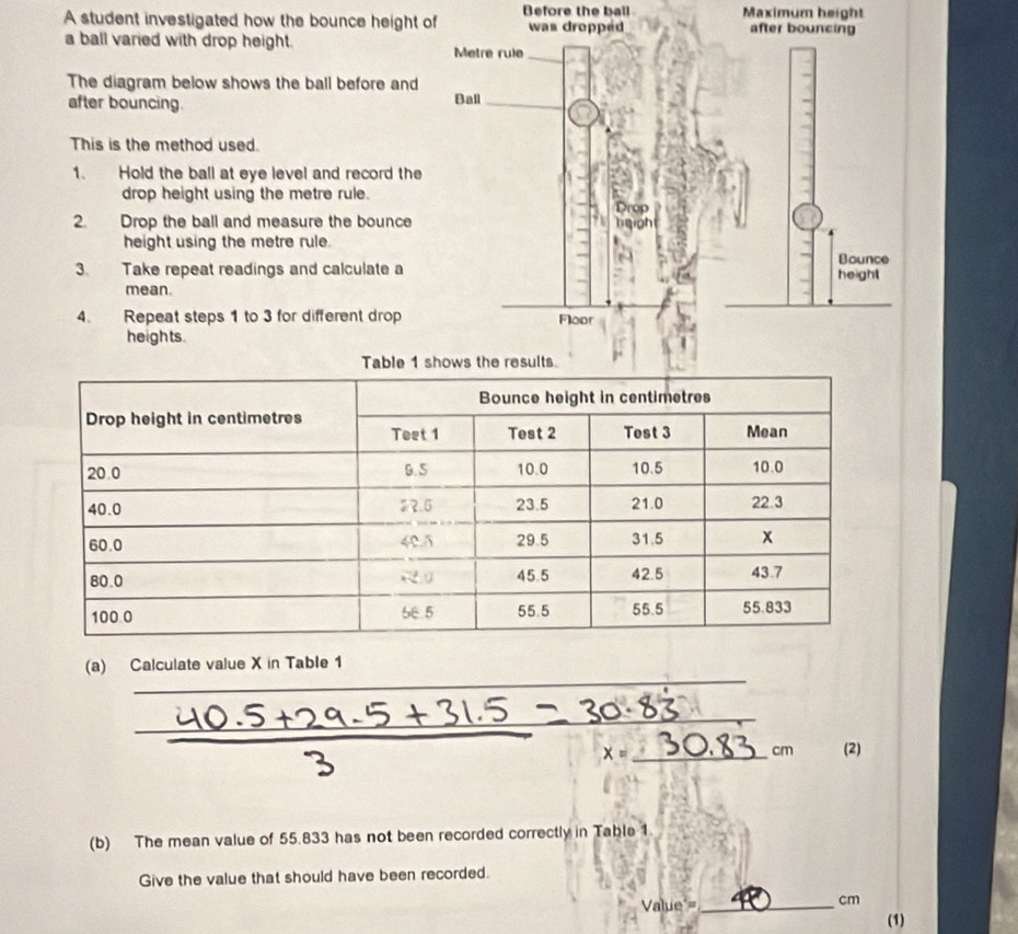 Solved: A student investigated how the bounce height o Before the ball ...