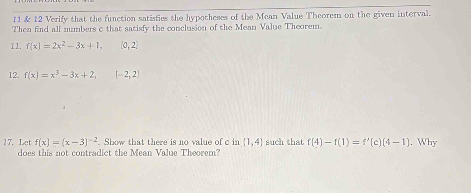 Solved: 11 & 12 Verify that the function satisfies the hypotheses of the Mean Value Theorem on ...