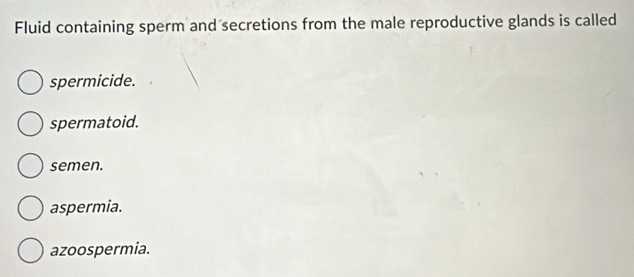 Solved: Fluid containing sperm and secretions from the male ...