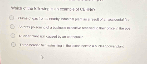 Solved: Which of the following is an example of CBRNe? Plume of gas ...