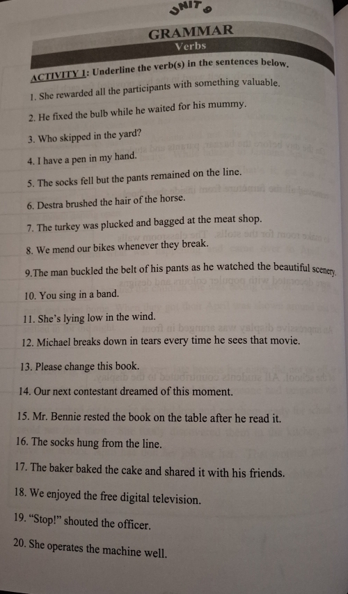 Solved: GRAMmAR Verbs ACTIVITY 1: Underline the verb(s) in the ...