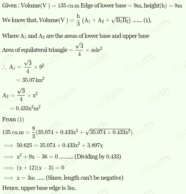 Solved: The frustum of a regular triangular pyramid has equilateral triangles for iits bases and ...