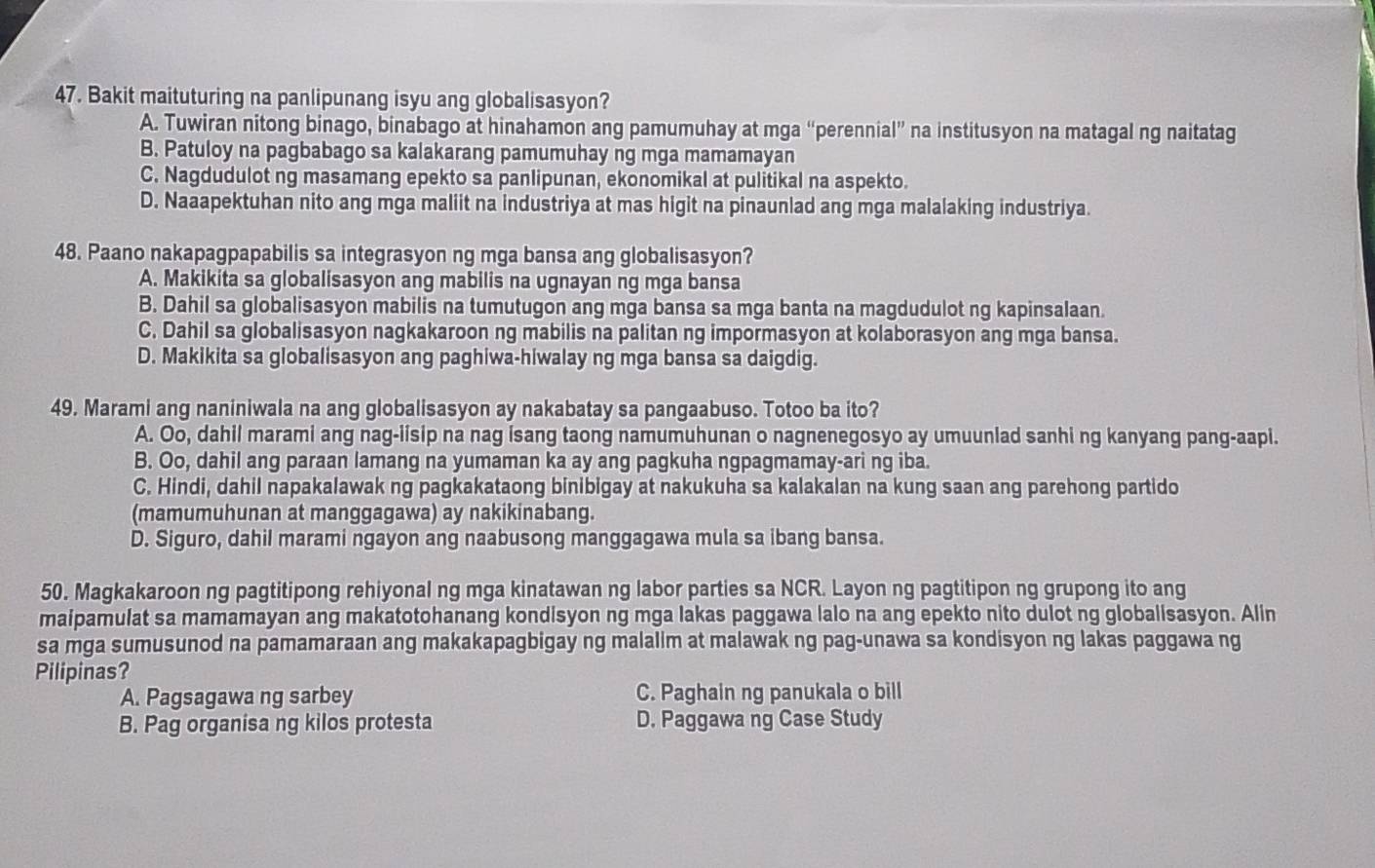 Solved: Bakit maituturing na panlipunang isyu ang globalisasyon? A ...