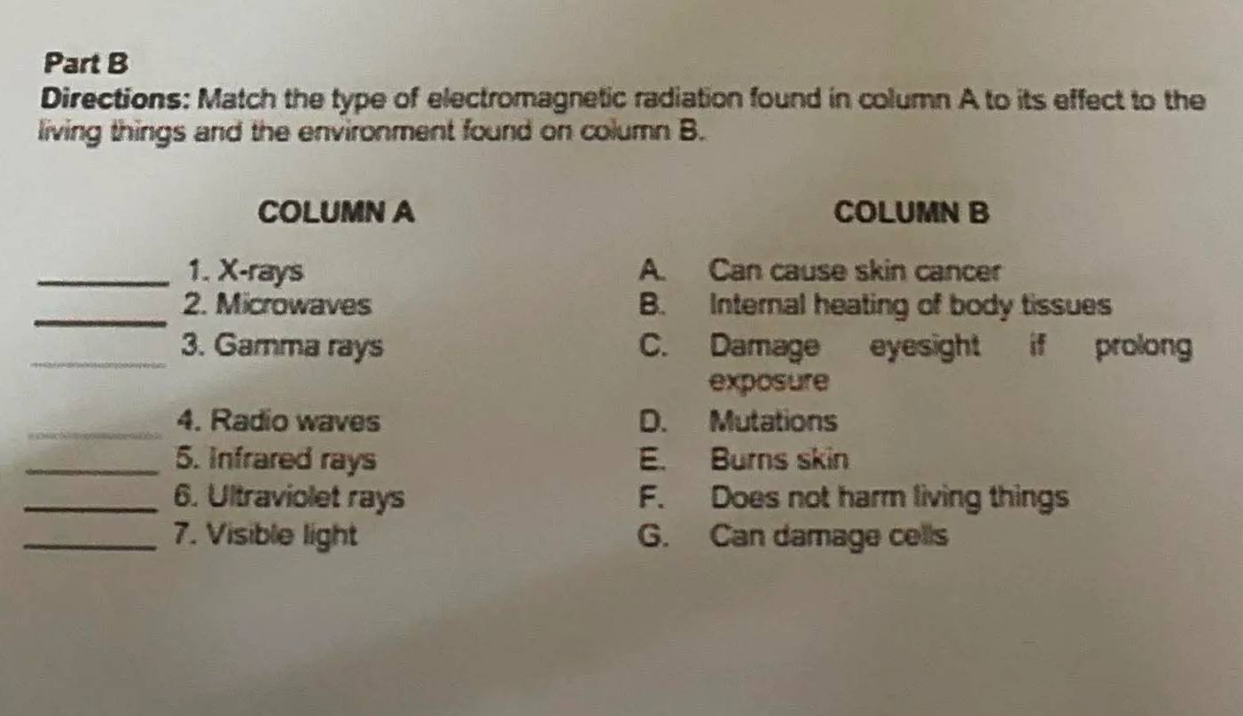 Solved: Directions: Match the type of electromagnetic radiation found ...