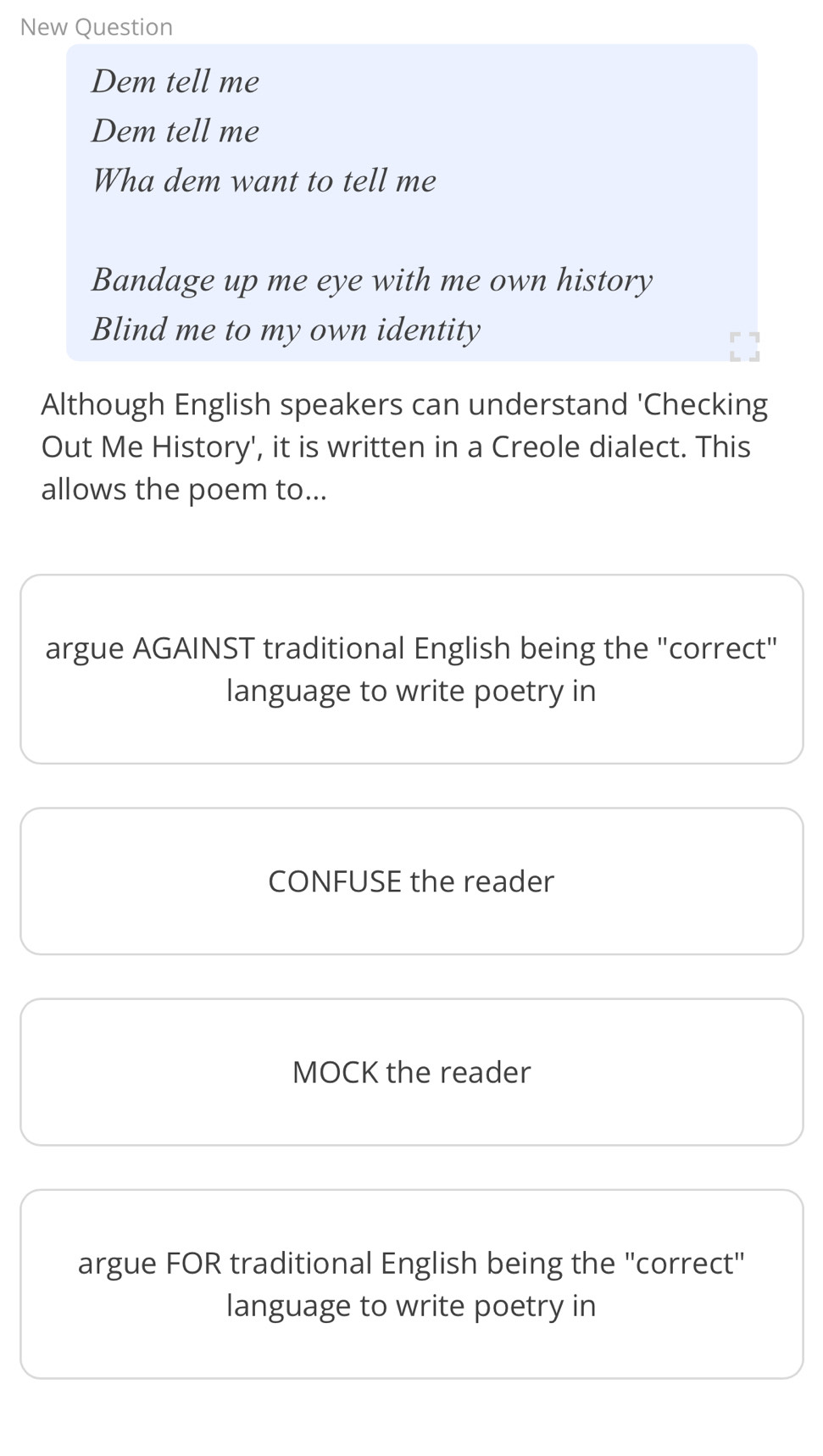 Solved: New Question Dem tell me Dem tell me Wha dem want to tell me ...