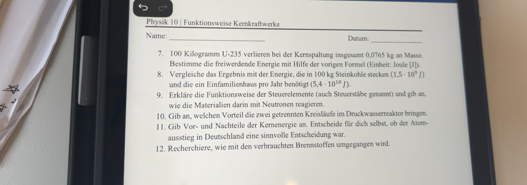Gelöst:Physik 10 | Funktionsweise Kernkraftwerke _ Name: _Datum: 7. 100 ...