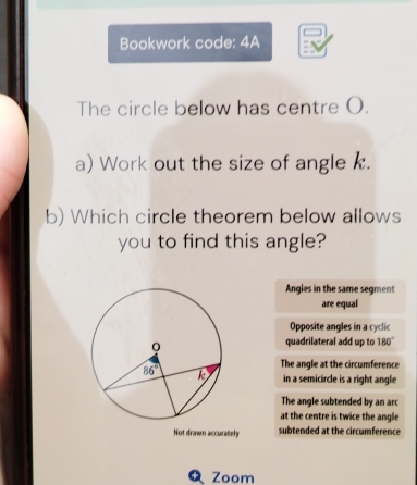 Solved: Bookwork code: 4A The circle below has centre O. a) Work out ...