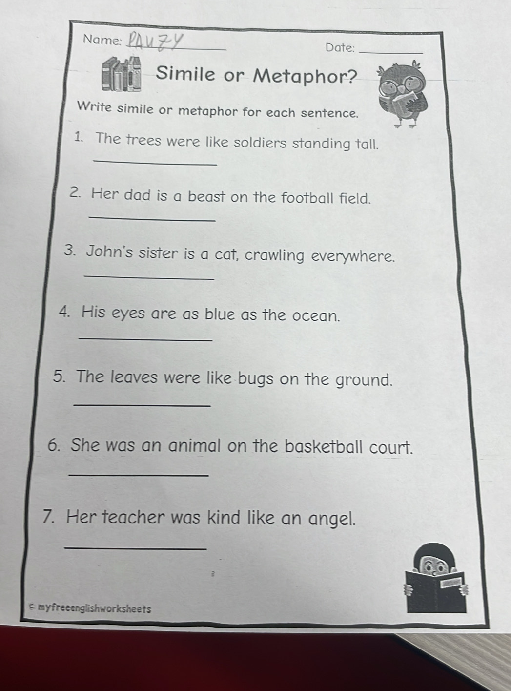 Solved: Name: Date:_ Simile or Metaphor? Write simile or metaphor for ...