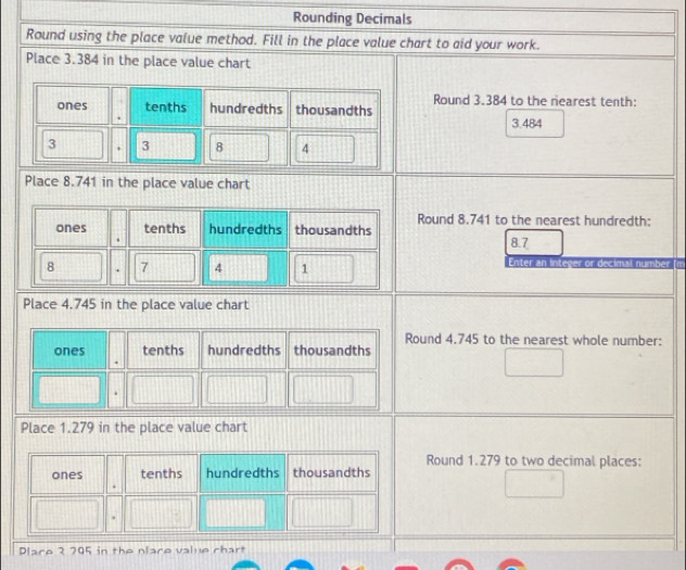Solved: Rounding Decimals Round using the place value method. Fill in the place value chart to ...